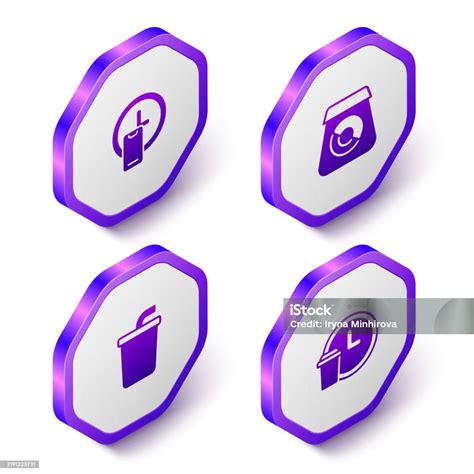 아이소 메트릭 시계 라운드 배달 온라인 주문 음식 물과 아이콘이있는 종이 유리를 설정하십시오 보라색 육각형 버튼 벡터 3차원 형태에 대한 스톡 벡터 아트 및 기타 이미지