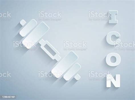 회색 배경에 격리 된 용지 컷 아령 아이콘 근육 리프팅 아이콘 피트니스 바벨 체육관 스포츠 장비 운동 범벨 종이 아트 스타일 벡터 3차원 형태에 대한 스톡 벡터 아트 및