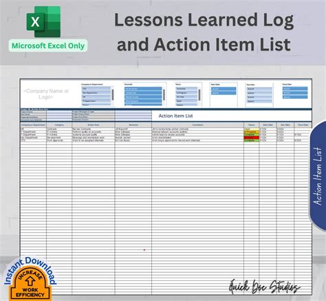Lessons Learned Log Project Tracker Action Item List Excel Template