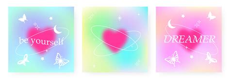 나비 별 흐릿한 심장이 있는 트렌디한 그라데이션 배경을 가진 삽화의 벡터 세트 패션 광고를 위한 현대적인 활기찬 엽서 Y2k 스타일의 동기 부여 인용문이 있는 소셜 미디어
