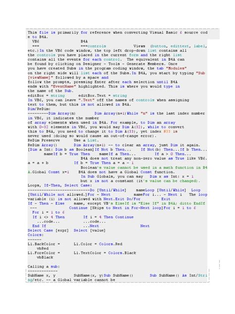Vb6 Vs B4a Cheatsheet Pdf Computer Programming Formalism Deductive