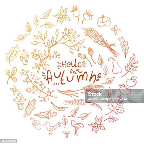 낙서 가을 Elemetns 및 글자 흰색 바탕에 Hello Autumn 세트 가지 컵 버섯 옥수수 사과 밀 벡터 그림입니다 색칠하기 책 인사말 카드 인쇄에 적합합니다 10