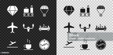 세트 낙하산 가방이있는 공항 컨베이어 벨트 상자 비행 낙하산 비행기 이륙 커피 컵 나침반 및 항공기 스티어링 헬멧 아이콘 벡터 가방에 대한 스톡 벡터 아트 및 기타 이미지