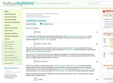 Wolfram Math World Indefinite Integral Handout For 9th 10th Grade Lesson Planet