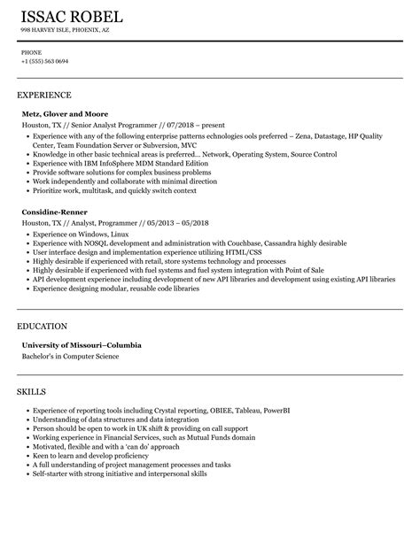 Analyst Programmer Resume Samples Velvet Jobs