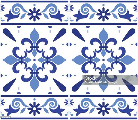 플뢰르 드 리스 모티프 프레임 또는 테두리가 있는 네이비 블루 기하학적 디자인이 돋보적인 포르투갈어 아줄레호 타일 원활한 벡터