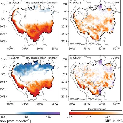 a b e f spatial pattern of et for the dry and wet season for the