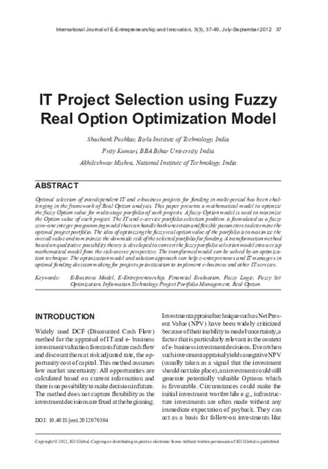 Pdf It Project Selection Using Fuzzy Real Option Optimization Model