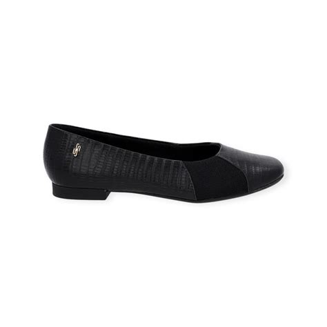 Sapatilha Feminina Usaflex Couro Croco Bico Quadrado Preto Preto