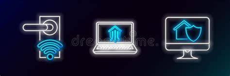 Set Line Computer Monitor With House Under Protection Digital Door Lock Wireless Technology For