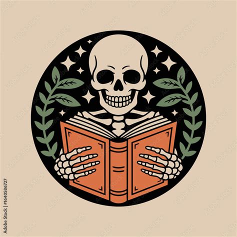 Skeleton Reading Book With Stars And Leaves Illustration Stock Vector