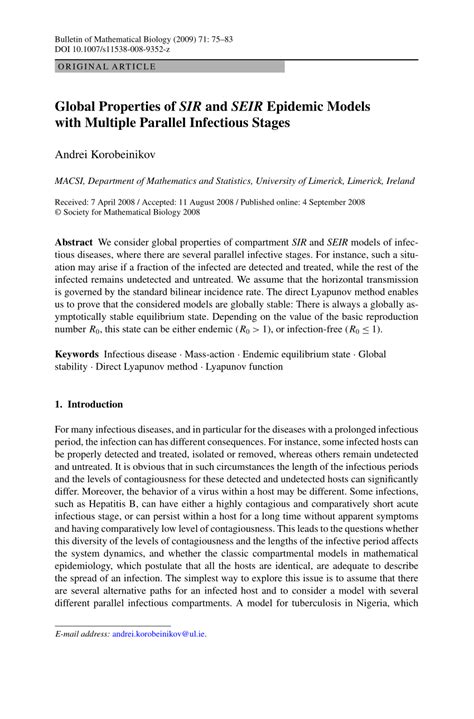 Pdf Global Properties Of Sir And Seir Epidemic Models With Multiple Parallel Infectious Stages
