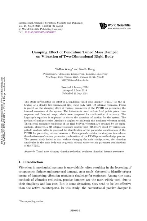 Pdf Damping Effect Of Pendulum Tuned Mass Damper On Vibration Of Two Dimensional Rigid Body