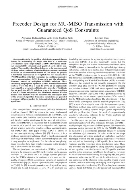 Pdf Precoder Design For Mu Miso Transmission With Guaranteed Qos