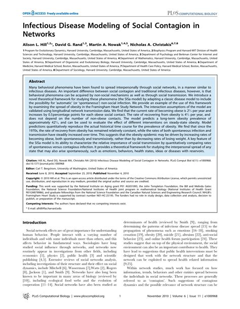 Pdf Infectious Disease Modeling Of Social Contagion In Networks