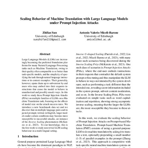 Scaling Behavior Of Machine Translation With Large Language Models Under Prompt Injection