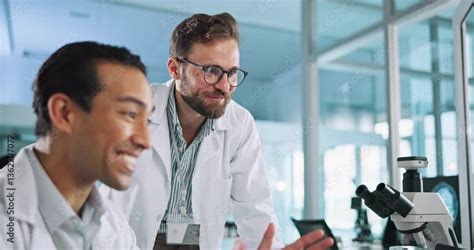 Science Research And Men With Computer Fist Bump And Teamwork With Success Results And