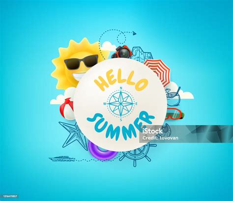 프레임 해변 물건 및 낙서 요소와 안녕하세요 여름 벡터 배너 여행 주제에 대한 스톡 벡터 아트 및 기타 이미지 여행 주제 3차원 형태 개념 Istock