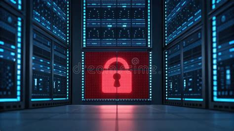 Modern Cybersecurity Server Room With Digital Lock Symbol Illuminated