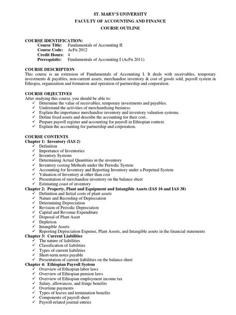 Course Outline For Fundamentals Of Accounting Ii Pdf Balance Sheet Fixed Asset