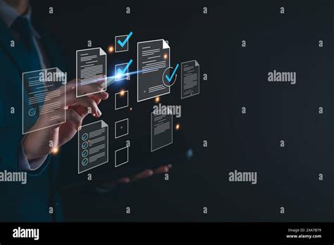 Document Management Concept Businessman Check Electronic Documents Survey Filling Out Digital