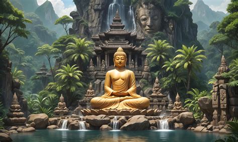 벽 떨어지는 벽지와 황금 부처님 명상 동상 Buddist 사원 아치와 기둥 고대 컬러 아트 그림 사원 물 떨어지는 배경 명상 부처님 황금 색상 동상 심사 숙고 배경