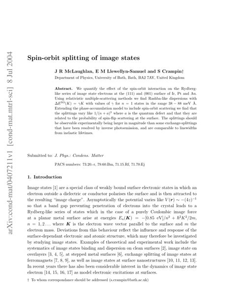 Pdf Spin Orbit Splitting Of Image States