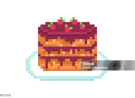 초콜릿 크림과 신선한 딸기 생일 케이크 픽셀 아트 아이콘 흰색 배경에 고립 빵집의 상징 디저트 메뉴 아이콘입니다 옛날 8 비트 슬롯 머신 기호입니다 레트로 80 90 년대