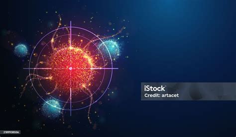 빛나는 네온 입자로 만든 암세포를 표적으로 하는 추상적인 수직 그림 암세포 검사 및 질병 치료 의료 개념을 묘사 한 파란색 기하학적 배경 디지털 벡터 일러스트 레이 션