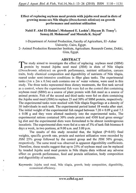 Pdf Effect Of Replacing Soybean Meal Protein With Jojoba Seed Meal In