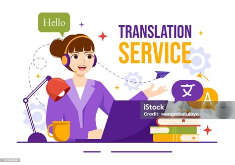 번역기 서비스 벡터 일러스트레이션 언어 번역 다양한 국가 및 다국어로 손으로 그린 템플릿에서 사전을 사용하여 공부에 대한 스톡