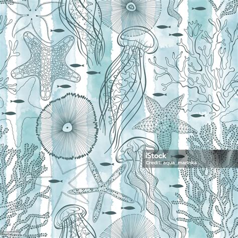 바다 수중 식물 파란색 수채화 배경에 바다 생물이 있는 매끄러운 벡터 패턴 디자인 템플릿 벽지 포장 직물 및 섬유에 적합합니다 바다에 대한 스톡 벡터 아트 및 기타 이미지