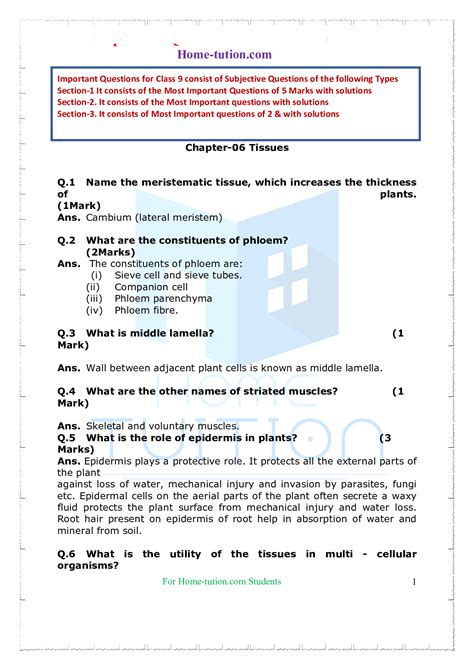 Important Questions For Class 9 Science Chapter 6 Tissues With Solutions