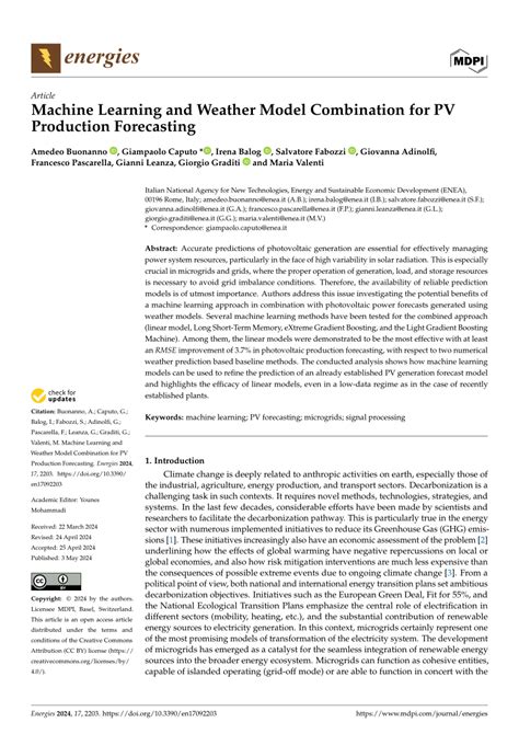 Pdf Machine Learning And Weather Model Combination For Pv Production Forecasting
