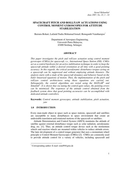 Pdf Spacecraft Pitch And Roll Yaw Actuations Using Control Moment Gyroscopes For Attitude