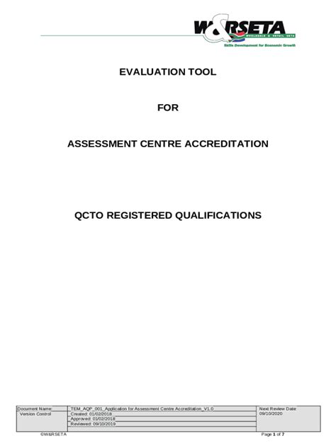 Evaluation Tool For Assessment Centre Accreditation Qcto Doc Template Pdffiller