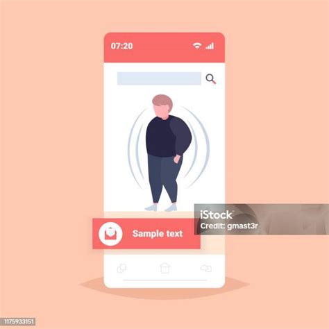 뚱뚱한 뚱뚱한 남자 와 큰 배 과체중 남자 서 포즈 비만 개념 스마트폰 화면 온라인 모바일 응용 프로그램 평면 전체 길이 가공의