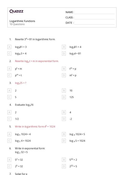 50 Derivatives Of Logarithmic Functions Worksheets For 11th Class On Quizizz Free And Printable