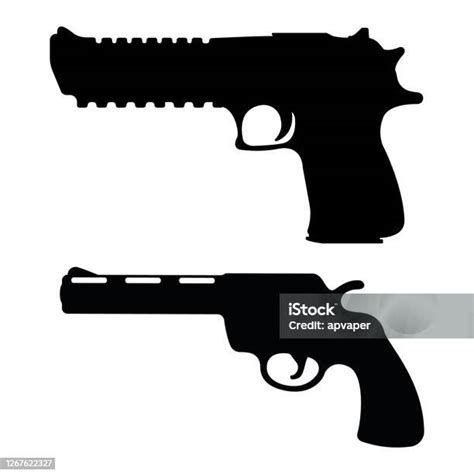 리볼버 와 사막 독수리 권총 아이콘 자기 방어 무기 개념 간단한 검은 색 벡터 일러스트 흰색에 고립 된 세트 강력한 총기 권총을 촬영합니다 M16 소총에 대한 스톡 벡터
