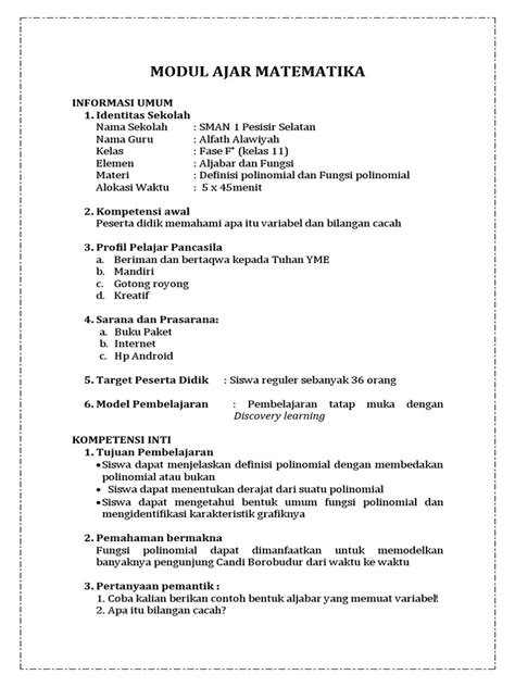 Modul Definisi Polinomial Fungsi Polinomial Dan Mengidentifikasi
