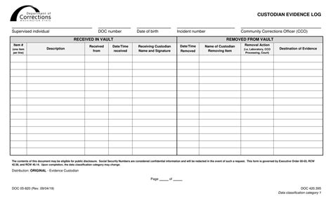 Printable Evidence Log Sheet