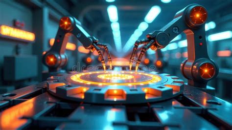 Futuristic Assembly Line With Robotic Arms Stock Illustration