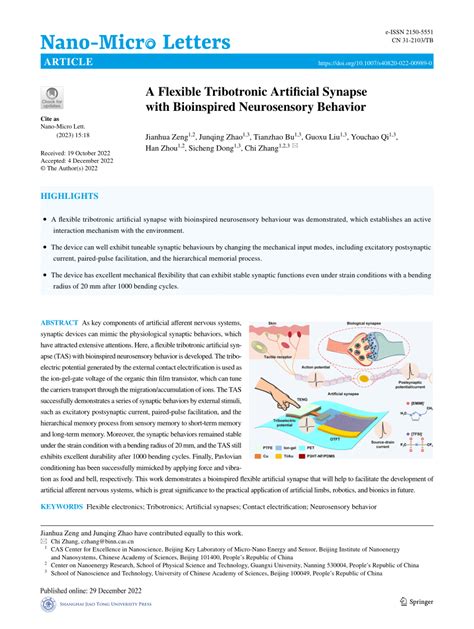 Pdf A Flexible Tribotronic Artificial Synapse With Bioinspired
