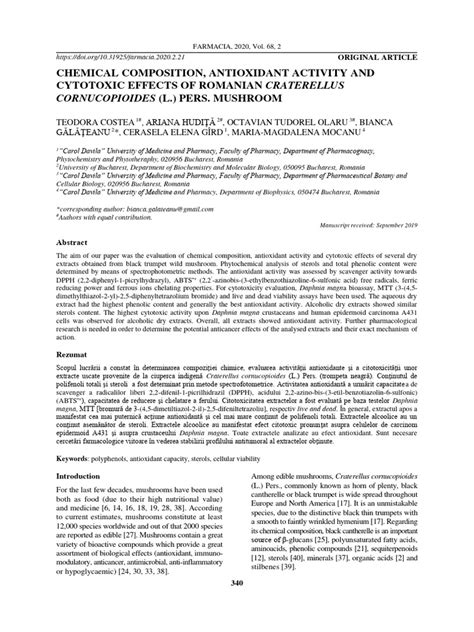 Chemical Composition Antioxidant Activity And Cytotoxic Effects Of Romanian Craterellus