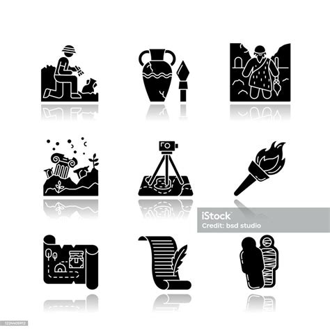 고고학 드롭 그림자 검은 문 양 아이콘 세트 발굴 고고학자 고대 유물 폐허에 원시인 설문 조사를 신청했습니다 플램보 보물지도 원고 엄마 격리된 벡터 일러스트레이션 0명에