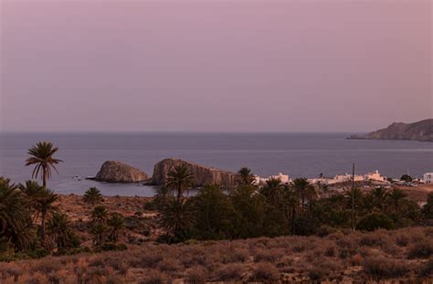 스페인 알메리아 의 카보 데 가타 자연 공원에서 일몰 동안 작은 어촌 마을 이슬레타 델 모로 근처 야자수와 바위의 풍경 0명에 대한 스톡 사진 및 기타 이미지 Istock