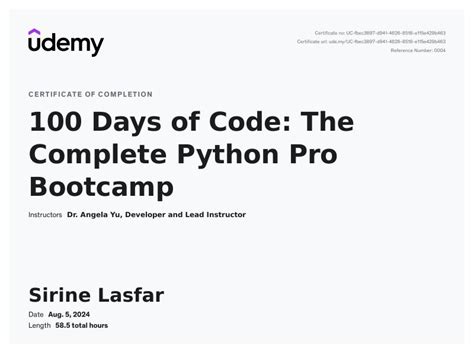sirine lasfar on linkedin udemy certificate of completion 100 days of code the complete python
