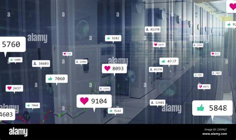 Image Of Multiple Social Media Icons And Data Processing Against Computer Server Room Stock
