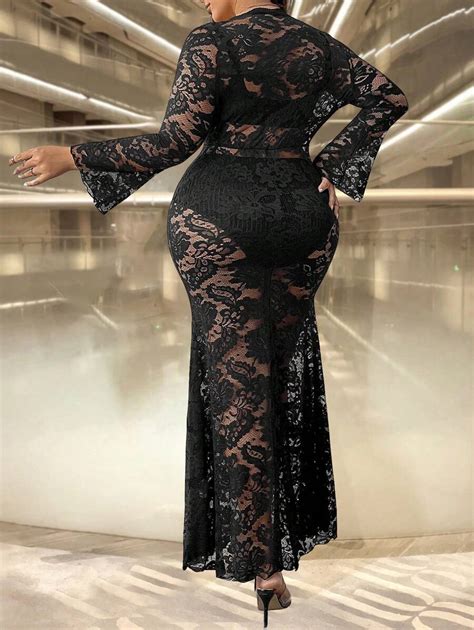 Shein Bae Plus Size Women High Stretch Lace Bodycon Long Sleeve Dress