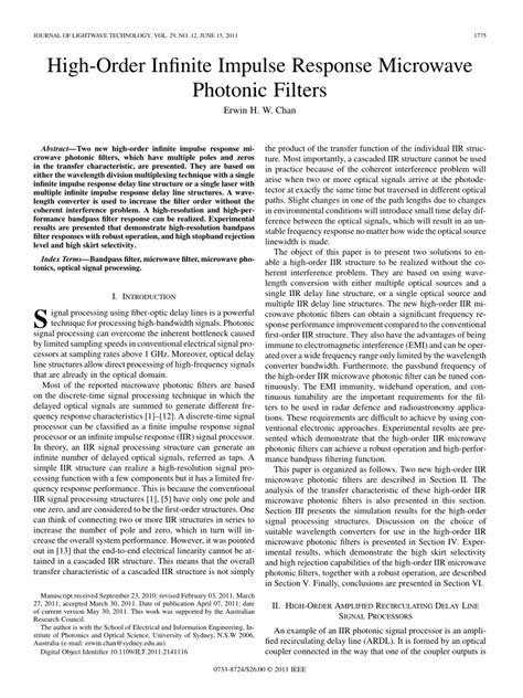 Pdf High Order Infinite Impulse Response Microwave Photonic Filters